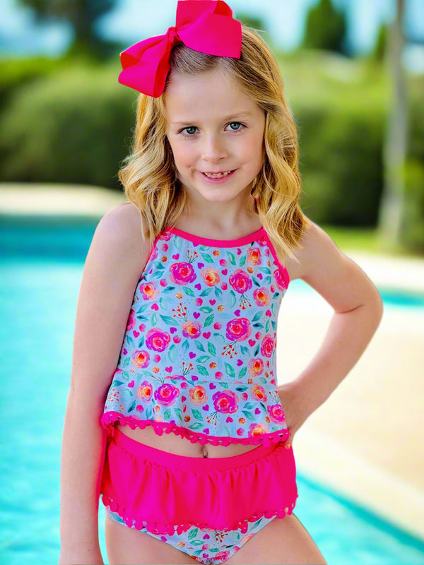 Raspberry Blooms Pompom Ruffle Tankini Swimsuit Ruffle Girl Raspberry Blooms Pompom Ruffle Tankini Swimsuit Ruffle Girl