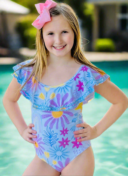 Rainbows Flowers One Piece Swimsuit Ruffle Girl