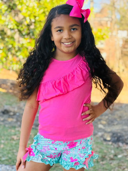 Bright Pink Ruffle Top with Floral Ruffle Shorts Set – Ruffle Girl